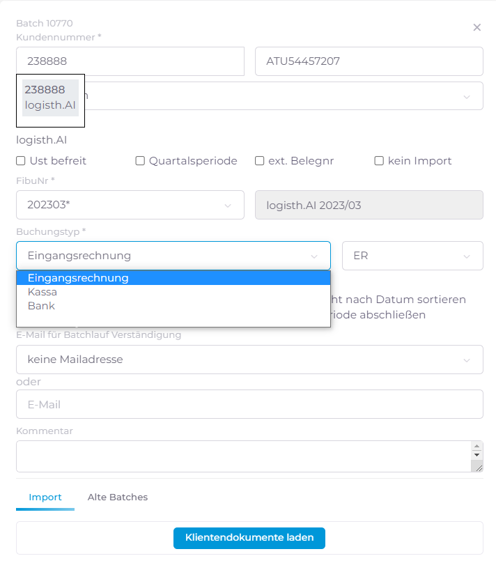 Eingabe der Klienten Daten | Logisth.AI